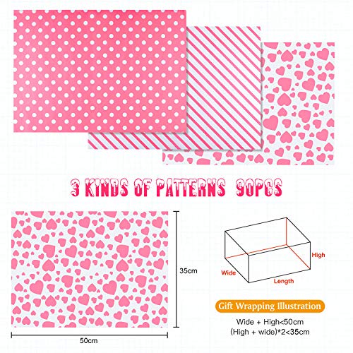 MIAHART 90 Sheets Valentine Day Gift Wrapping Tissue Paper Birthday, Tissue Paper for Home, Kitchen, DIY Crafts, Wrapping Accessory(Heart, Dot, Stripe） (Pink)