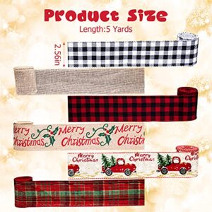 6 Rolls/30Yards Gift Ribbon Wired Plaid Buffalo Burlap Holiday Craft, DIY, Tree Decoration, Gift Wrap - 2.5 inch x 5 Yard Each Roll