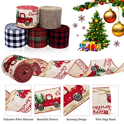 6 Rolls/30Yards Gift Ribbon Wired Plaid Buffalo Burlap Holiday Craft, DIY, Tree Decoration, Gift Wrap - 2.5 inch x 5 Yard Each Roll