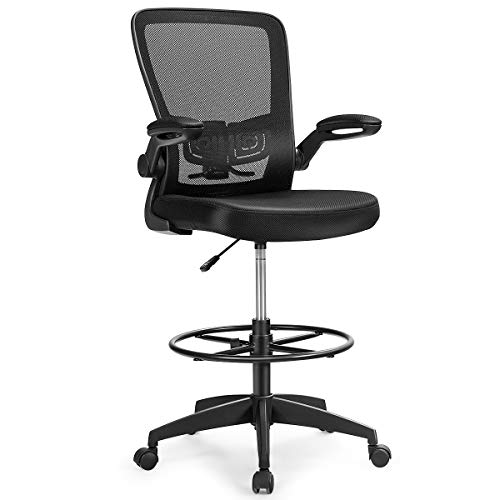 Giantex Drafting Chair High Back Office Chairs with Footrest Ring Flip-Up Armrest Height Adjustable Executive Desk Chair Ergonomic Mesh Computer Task Chair Lumbar Support Tall Office Chair (1)