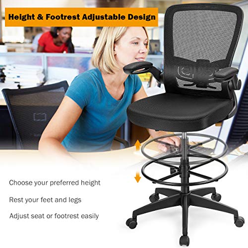 Giantex Drafting Chair High Back Office Chairs with Footrest Ring Flip-Up Armrest Height Adjustable Executive Desk Chair Ergonomic Mesh Computer Task Chair Lumbar Support Tall Office Chair (1)