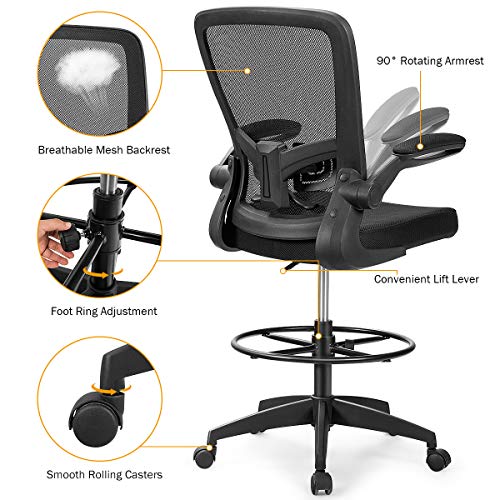 Giantex Drafting Chair High Back Office Chairs with Footrest Ring Flip-Up Armrest Height Adjustable Executive Desk Chair Ergonomic Mesh Computer Task Chair Lumbar Support Tall Office Chair (1)