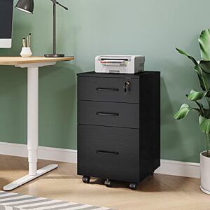 Panana 3 Drawer Wood Mobile File Cabinet, Under Desk Storage Drawers Small File Cabinet for Home Office (Black)