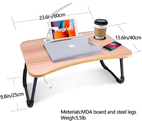 Hegreh Laptop Lap Desk for Bed Fits up to 17″ Laptops with Light,Lamp,Cup Holder, Laptop Bed Tray Table, 23.6" Foldable Laptop Desk, Laptop Stand for Working, Writing,Reading and Breakfast