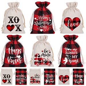 Whaline 24 Pack Valentine's Day Burlap Gift Bags 6 Designs Red Black Buffalo Plaid Drawstring Bags Rustic Style Linen Pouches Sacks for Wedding Bridal Shower Party Favors Supplies, 4 x 6 Inch