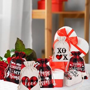 Whaline 24 Pack Valentine's Day Burlap Gift Bags 6 Designs Red Black Buffalo Plaid Drawstring Bags Rustic Style Linen Pouches Sacks for Wedding Bridal Shower Party Favors Supplies, 4 x 6 Inch