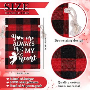 Whaline 24 Pack Valentine's Day Burlap Gift Bags 6 Designs Red Black Buffalo Plaid Drawstring Bags Rustic Style Linen Pouches Sacks for Wedding Bridal Shower Party Favors Supplies, 4 x 6 Inch