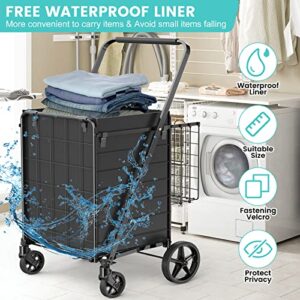 Folding Shopping Cart for Groceries,340 lbs Capacity Grocery Cart with Waterproof Liner and 360° Swiveling Wheels Collapsible Shopping Carts with Double Basket for Condo Laundry Transport Trip