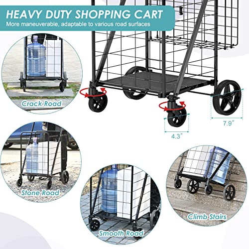 Folding Shopping Cart for Groceries,340 lbs Capacity Grocery Cart with Waterproof Liner and 360° Swiveling Wheels Collapsible Shopping Carts with Double Basket for Condo Laundry Transport Trip