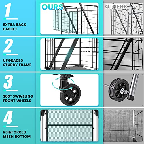 Folding Shopping Cart for Groceries,340 lbs Capacity Grocery Cart with Waterproof Liner and 360° Swiveling Wheels Collapsible Shopping Carts with Double Basket for Condo Laundry Transport Trip