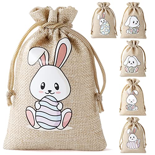 24PCS Easter Burlap Bags with Drawstring, Easter Jute Burlap Bags Small Favor Bags, Cute Bunny Burlap Gift Bag for Easter Party Favor