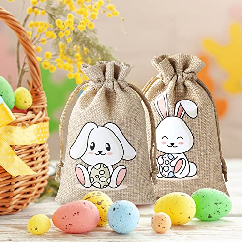 24PCS Easter Burlap Bags with Drawstring, Easter Jute Burlap Bags Small Favor Bags, Cute Bunny Burlap Gift Bag for Easter Party Favor