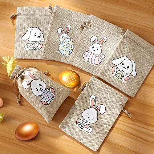 24PCS Easter Burlap Bags with Drawstring, Easter Jute Burlap Bags Small Favor Bags, Cute Bunny Burlap Gift Bag for Easter Party Favor