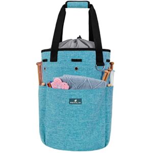 pavilia knitting bag yarn storage tote – crochet organizer bag, yarn storage holder for knitting accessories, yarn skiens, needles, hooks, unfinished project, with grommets (turquoise blue)