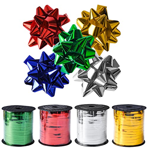 JOYIN Christmas Ribbons Set 4 Rolls of Curling Ribbons with 30 Pcs Bows for Hair Ribbon, Gift Wrapping Ribbon, DIY Ribbon for Crafts