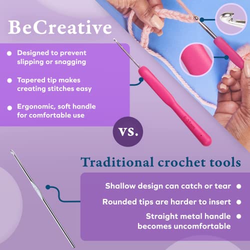 BeCraftee Crochet Hooks Kit - 12 Piece Set Extra-Long Crocheting Needles with Soft, Ergonomic Rubber Grips and 12 Hook Sizes - Knitting & Crochet Supplies for Beginners, Comfortable/Easy to Use