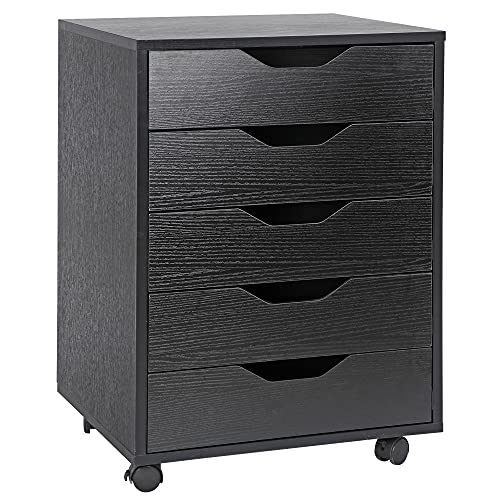 SUPER DEAL 5 Drawer File Cabinet for Home Office Apartment Wood Under Desk Filing Cabinet Mobile Printer Stand Rolling Storage Organizer with Lockable Casters, Black