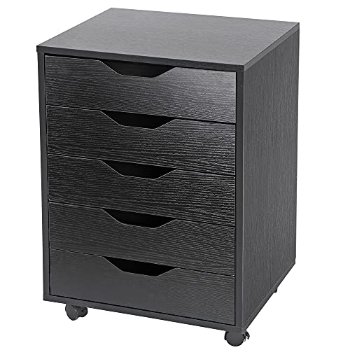 SUPER DEAL 5 Drawer File Cabinet for Home Office Apartment Wood Under Desk Filing Cabinet Mobile Printer Stand Rolling Storage Organizer with Lockable Casters, Black