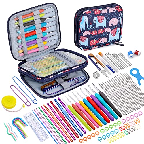 DUKOIPP 103PCS Crochet Hook Kit, Knitting Supplies Crochet Hook Kit with Storage Bag, Ergonomic Soft Grip Knitting Yarn Knitting Needle Kit for Beginners and Experienced Crocheters