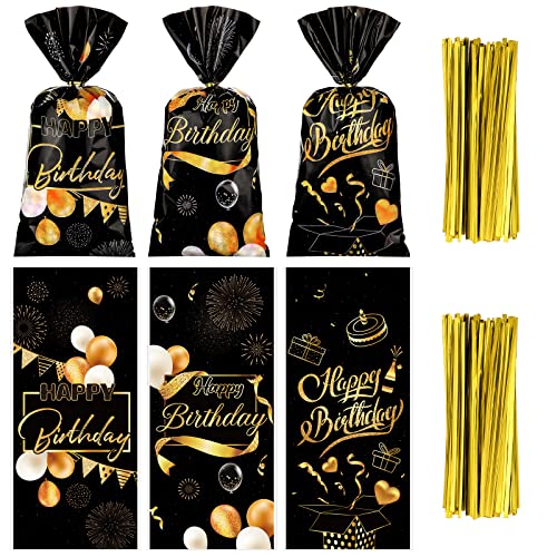 Hotop 150 Pcs Black and Gold Bags Happy Birthday Cellophane Gift Treat Goodie Candy with Ties for 90th 80th 70th 60th 50th 40th 30th Party Decor, 27.5 x 12.5 cm