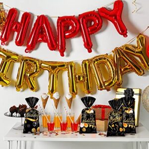 Hotop 150 Pcs Black and Gold Bags Happy Birthday Cellophane Gift Treat Goodie Candy with Ties for 90th 80th 70th 60th 50th 40th 30th Party Decor, 27.5 x 12.5 cm