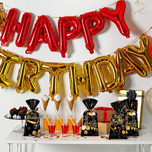 Hotop 150 Pcs Black and Gold Bags Happy Birthday Cellophane Gift Treat Goodie Candy with Ties for 90th 80th 70th 60th 50th 40th 30th Party Decor, 27.5 x 12.5 cm