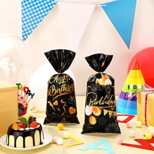 Hotop 150 Pcs Black and Gold Bags Happy Birthday Cellophane Gift Treat Goodie Candy with Ties for 90th 80th 70th 60th 50th 40th 30th Party Decor, 27.5 x 12.5 cm