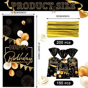 Hotop 150 Pcs Black and Gold Bags Happy Birthday Cellophane Gift Treat Goodie Candy with Ties for 90th 80th 70th 60th 50th 40th 30th Party Decor, 27.5 x 12.5 cm