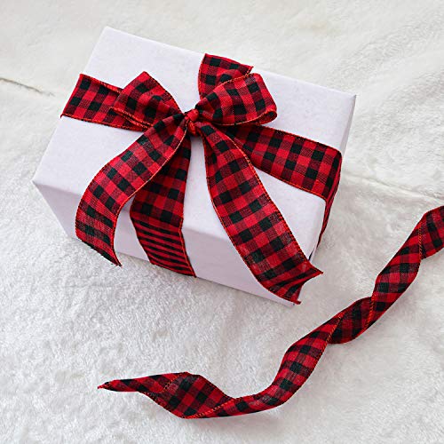 URATOT Red and Black Plaid Burlap Ribbon Christmas Wired Ribbon Wrapping Ribbon for Christmas Crafts Decoration, Floral Bows Craft (5cm x 6m)