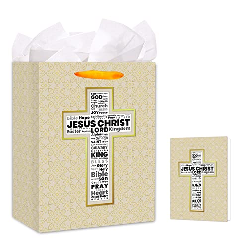 SICOHOME Large Gift Bag with Tissue Paper,Cross Paper Gift Bags with Handle for Baptism Christenings Confirmations First Communions Religious Wedding,Christmas Baptism Gifts Bag for Kids Boys Girl