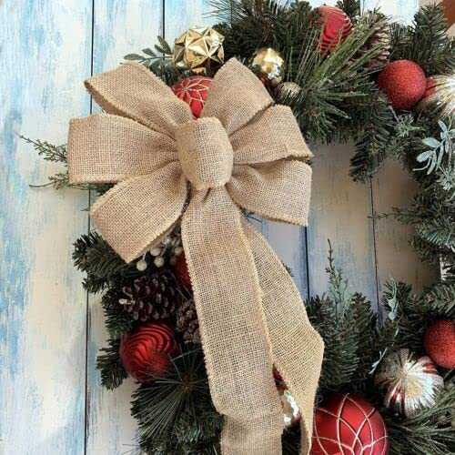 Rocky Mountain Goods 7 Loop Burlap Bow - Pack of 3-12” x 18” Wired Burlap Hand Tie Bow for Wreath, Wedding, Crafts, Christmas Tree, Gifts, Tree Topper, Fall - Indoor/Outdoor Natural Burlap