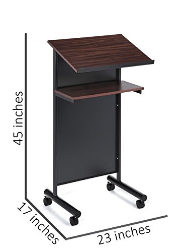 Wheeled Lectern with Storage Shelf - Cherry/Black - Compact Standing Desk for Reading - Laptop Stand