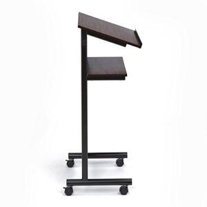 Wheeled Lectern with Storage Shelf - Cherry/Black - Compact Standing Desk for Reading - Laptop Stand