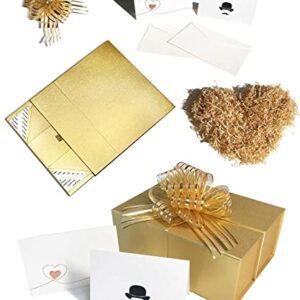 Gold Gift Box with Magnetic Flap 9.5x7x4’’ Inches, Pull Bow, Cards & Crinkle Cut Paper Included, For Wedding Presents, Bridesmaid Proposal Gifts, Engagements, Holidays, Birthday Party Favors, Graduations