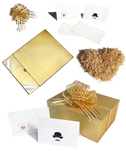 Gold Gift Box with Magnetic Flap 9.5x7x4’’ Inches, Pull Bow, Cards & Crinkle Cut Paper Included, For Wedding Presents, Bridesmaid Proposal Gifts, Engagements, Holidays, Birthday Party Favors, Graduations