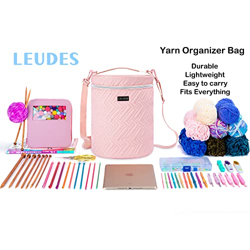 Yarn Bag,Leudes Crochet Tote Knitting Bag Water Resistant Yarn Storage Organizer Holder Case for Crochet Hooks Needles Knitting Kit for Beginners (Pink)