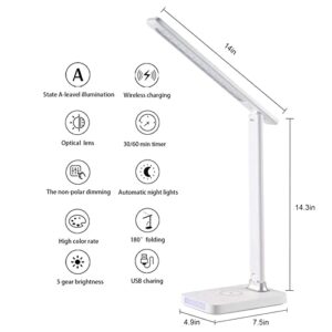 VAVOFO LED Desk Lamp with USB Charger, USB Charging Port, Table Lamp with 5 Brightness Levels Touch Control, 30/60 min Auto Timer, Dimmable Eye-Caring Desk Light for Home Office