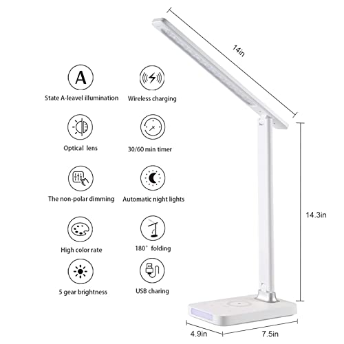 VAVOFO LED Desk Lamp with USB Charger, USB Charging Port, Table Lamp with 5 Brightness Levels Touch Control, 30/60 min Auto Timer, Dimmable Eye-Caring Desk Light for Home Office