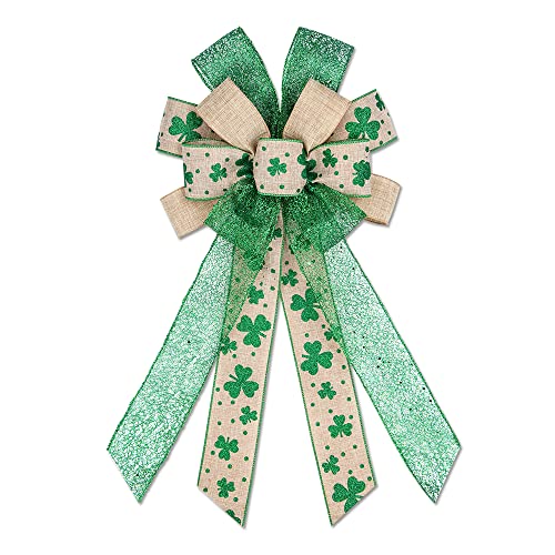 Large St. Patrick's Day Bows for Wreath, Glitter Green Shamrock Bow Irish Wreath Bows Holiday Burlap Bows for Front Door Saint Patrick's Day Decorations Supplies