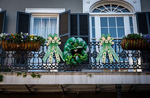 Large St. Patrick's Day Bows for Wreath, Glitter Green Shamrock Bow Irish Wreath Bows Holiday Burlap Bows for Front Door Saint Patrick's Day Decorations Supplies