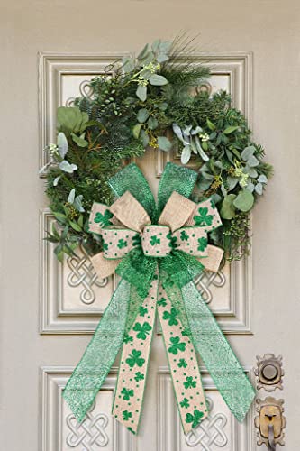 Large St. Patrick's Day Bows for Wreath, Glitter Green Shamrock Bow Irish Wreath Bows Holiday Burlap Bows for Front Door Saint Patrick's Day Decorations Supplies