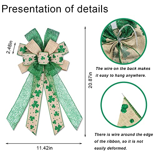 Large St. Patrick's Day Bows for Wreath, Glitter Green Shamrock Bow Irish Wreath Bows Holiday Burlap Bows for Front Door Saint Patrick's Day Decorations Supplies