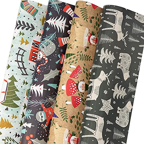 Christmas Wrapping Paper for Kids Boys Girls Men Women, Gift Wrapping Paper Include Santa, Stockings,Tree, Xmas Wrapping paper 20 x 29 Inches per Sheet （12 Sheets 48 sq. ft.）Recycled Easy Storage