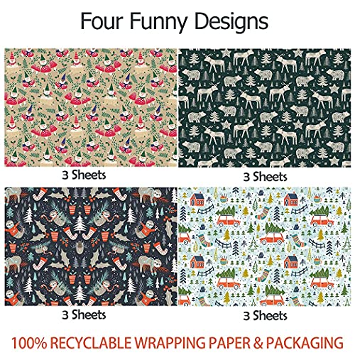 Christmas Wrapping Paper for Kids Boys Girls Men Women, Gift Wrapping Paper Include Santa, Stockings,Tree, Xmas Wrapping paper 20 x 29 Inches per Sheet （12 Sheets 48 sq. ft.）Recycled Easy Storage