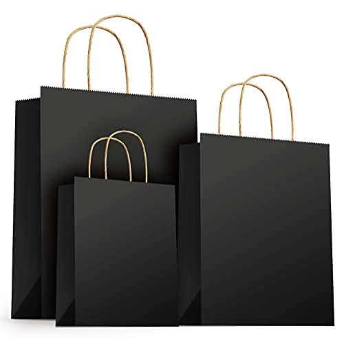 UCGOU Gift Bags 5.25x3.75x8 & 8x4.25x10.5 & 10x5x13 Inches Mixed Size 75PCS Total - 25PCS Each Black Kraft Paper Bags with Handles Shopping Bags Party Favor Bags Goodie Bags