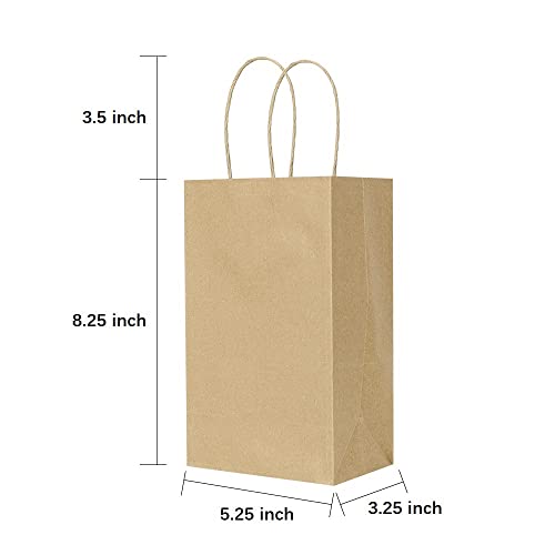 Oikss 100 Pack 5.25x3.25x8.25 Inch Small Plain Natural Paper Gift Bags with Handles Bulk, Kraft Bags for Birthday Party Favors Grocery Retail Shopping Business Goody Craft Bags Cub (Brown 100 Count)