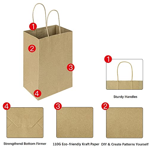 Oikss 100 Pack 5.25x3.25x8.25 Inch Small Plain Natural Paper Gift Bags with Handles Bulk, Kraft Bags for Birthday Party Favors Grocery Retail Shopping Business Goody Craft Bags Cub (Brown 100 Count)