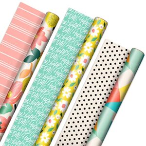 hallmark reversible wrapping paper (3 rolls: 75 sq. ft. ttl) floral, lemons, bright abstract for birthdays, easter, mother’s day, bridal showers, baby showers