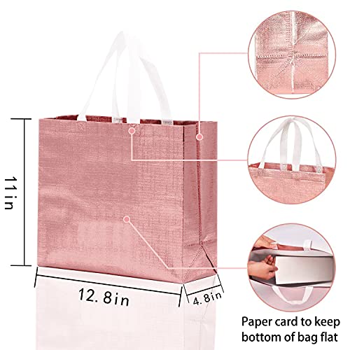 12 PCS Glossy Reusable Gift Bags, Non-Woven Fashionable Bag, Stylish Bags with Handle, Gift Bags for Women Groceries Wedding bridesmaid Birthday Party (Gold Rose)