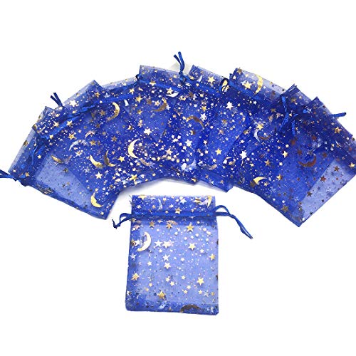 COTOSEY 100PCS Stars and Moon Organza Drawstring Pouches Jewelry Party Wedding Favor Gift Bags (3X4 Navy Blue)